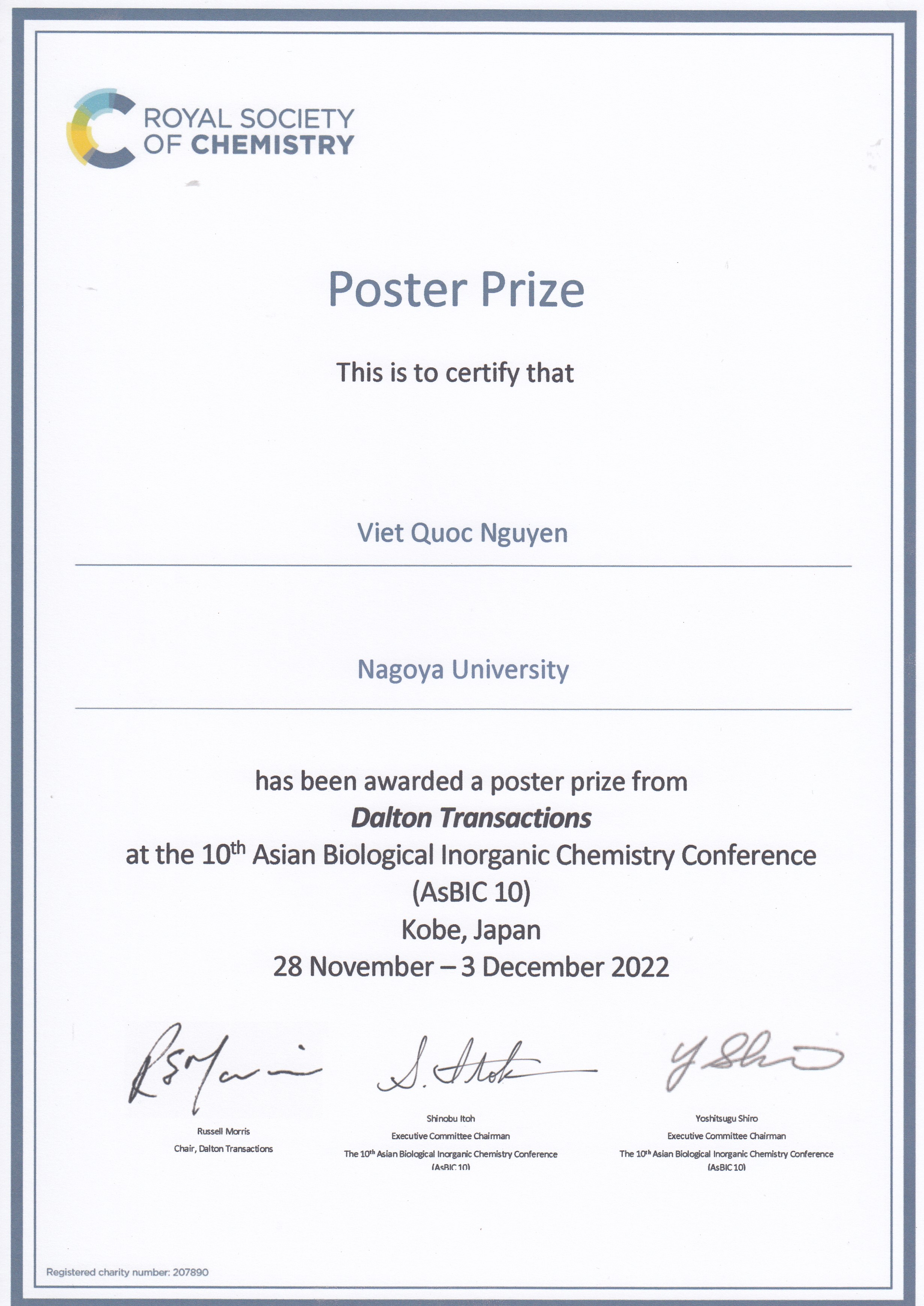 10th Asian Biological Inorganic Chemistry Conference RSC poster award ...